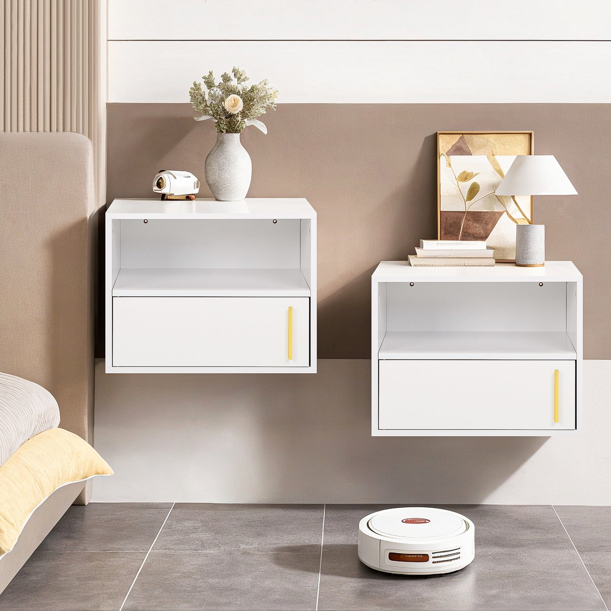 Resenkos Set of 2 Modern Floating Bedside Wall Mounted Nightstand with ...