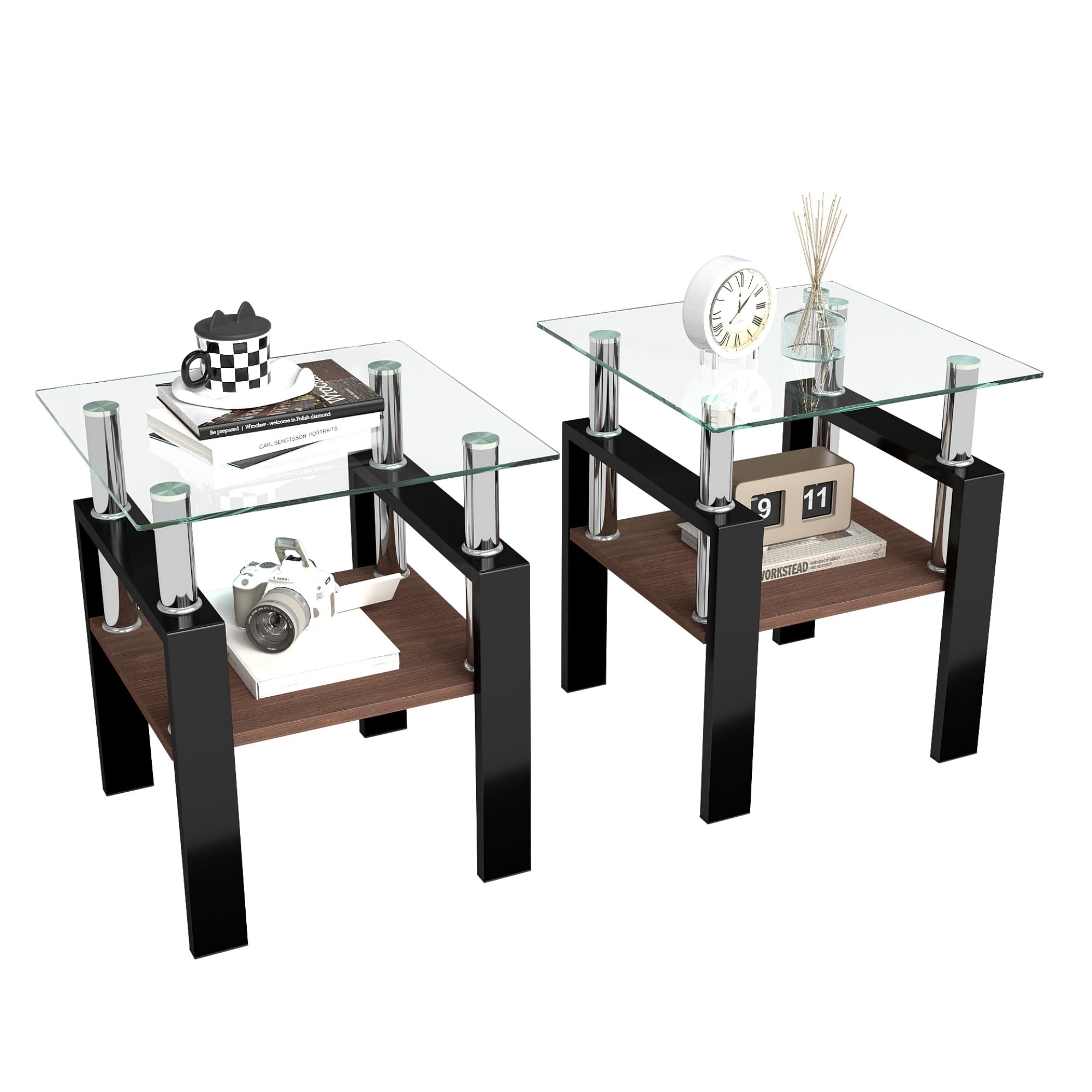 Set of 2 Modern Tempered Glass End Tables, Square Side Tables with MDF ...