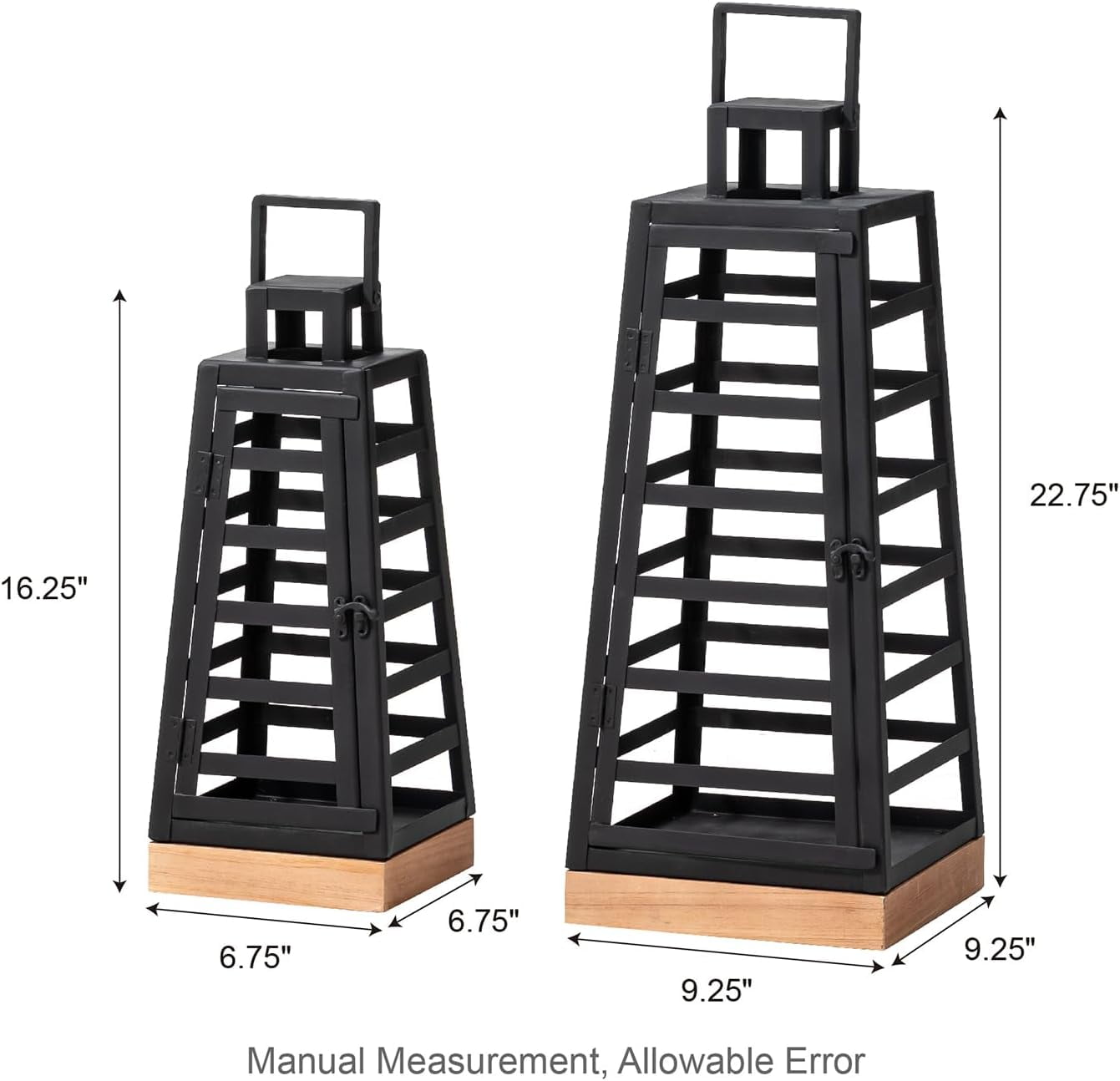Set of 2 Modern Trapezoid Metal/Wood Hanging Lanterns, Decorative ...
