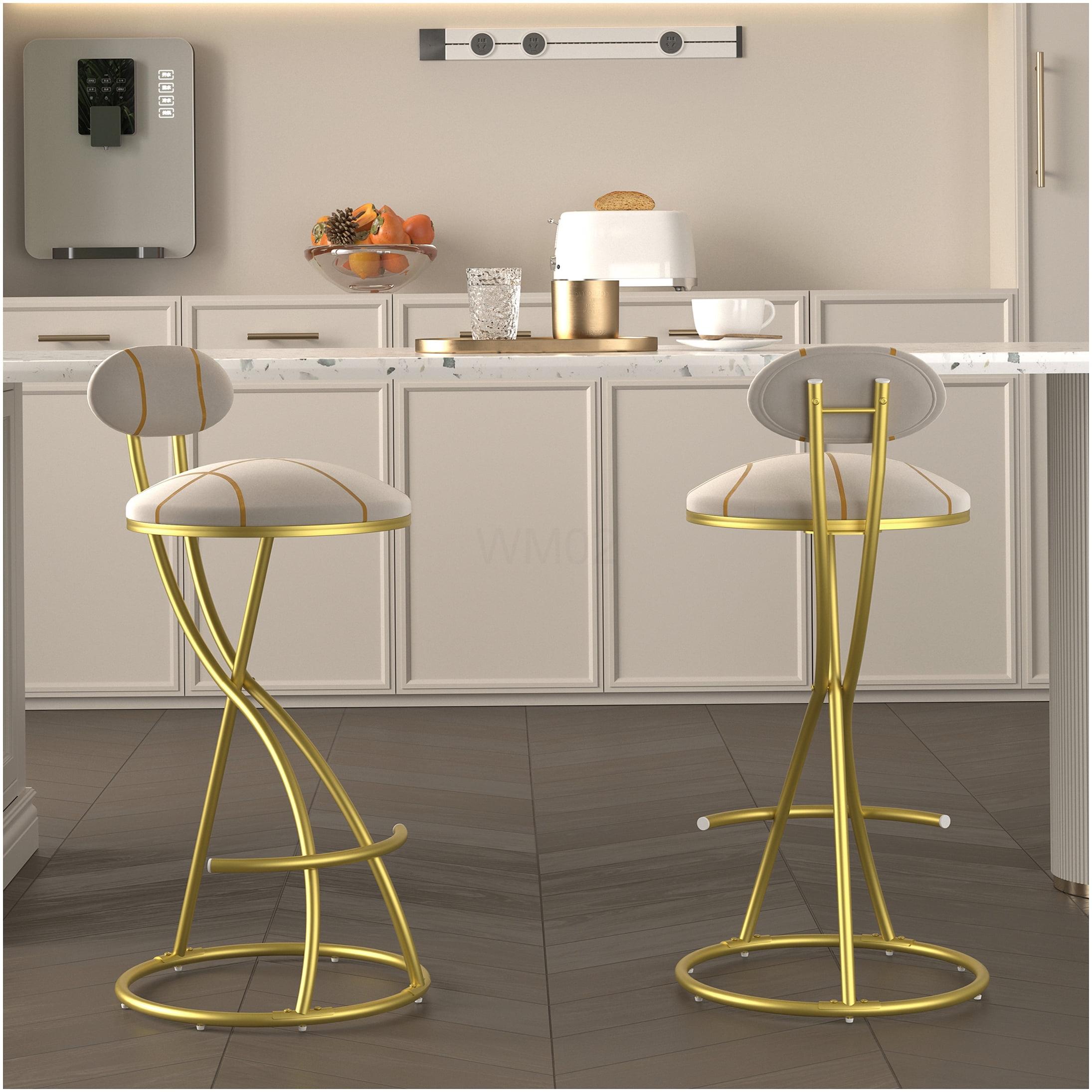 Set of 2 Modern Velvet Bar Stools with Gold Metal Frame, Round S-Shaped ...