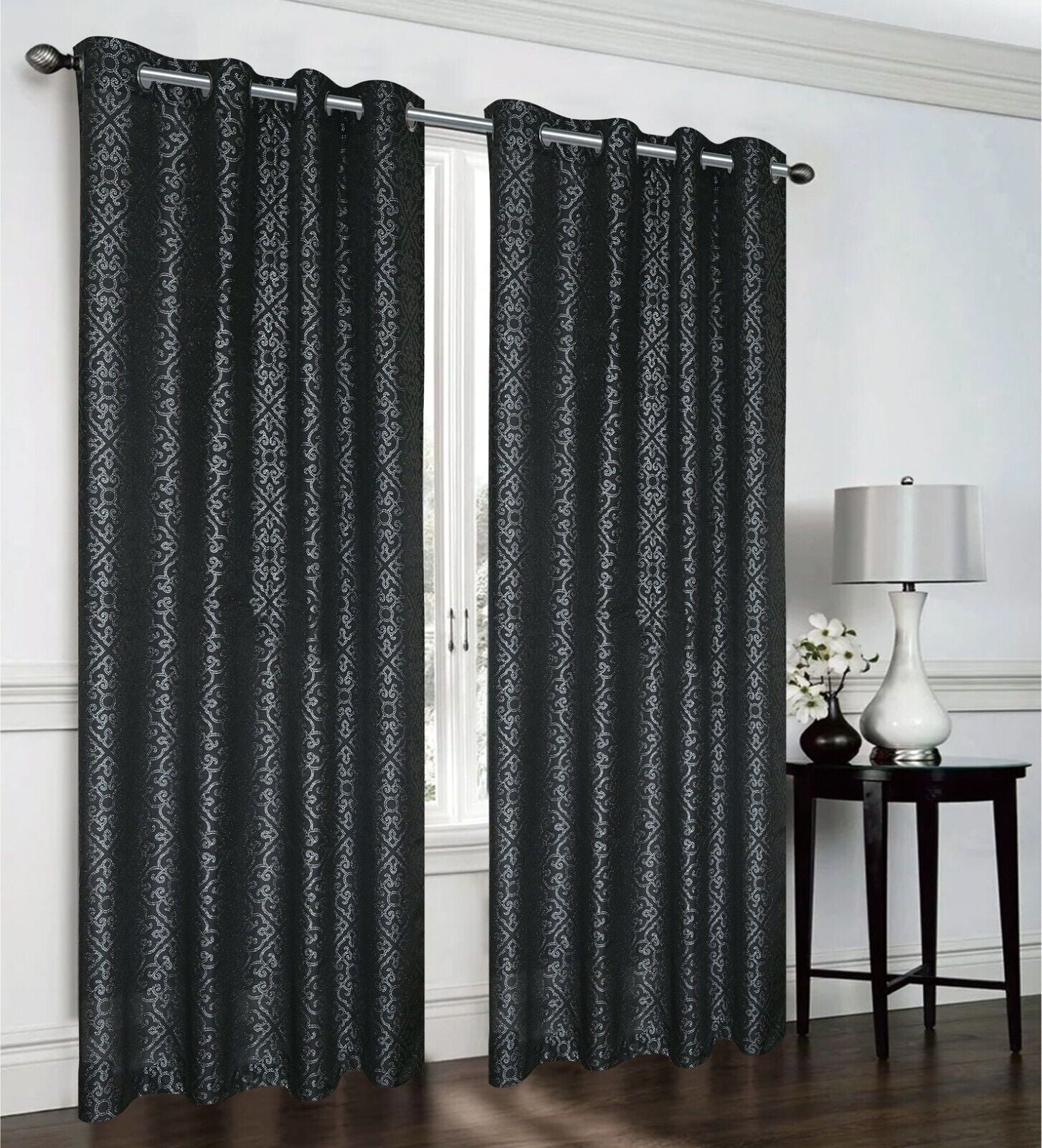 Set Of 2 Nadine Grommet Top Curtain Panels With Silver Metallic Accent