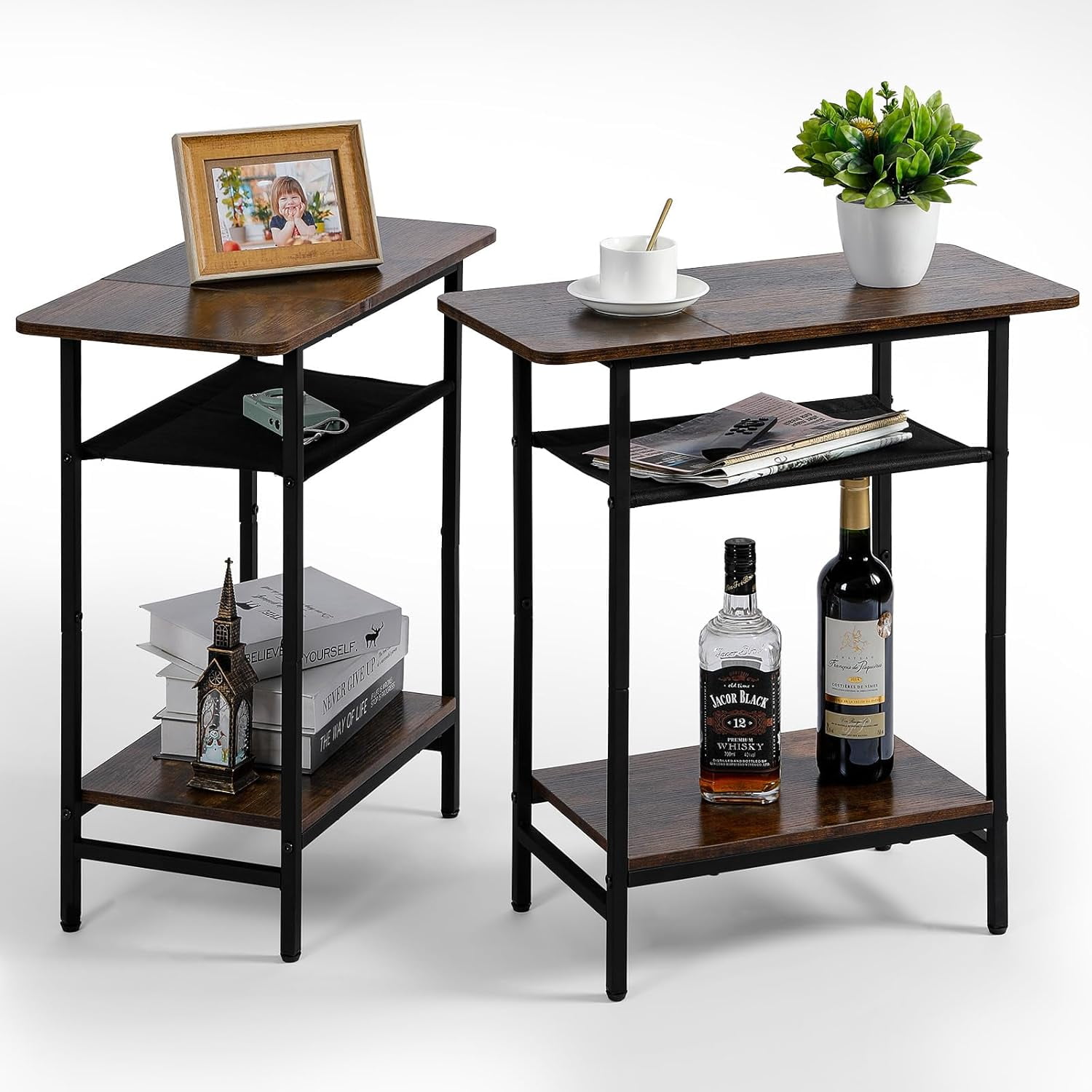 Set of 2 Narrow Side Tables for Small Spaces, 3-Tier End Table with ...