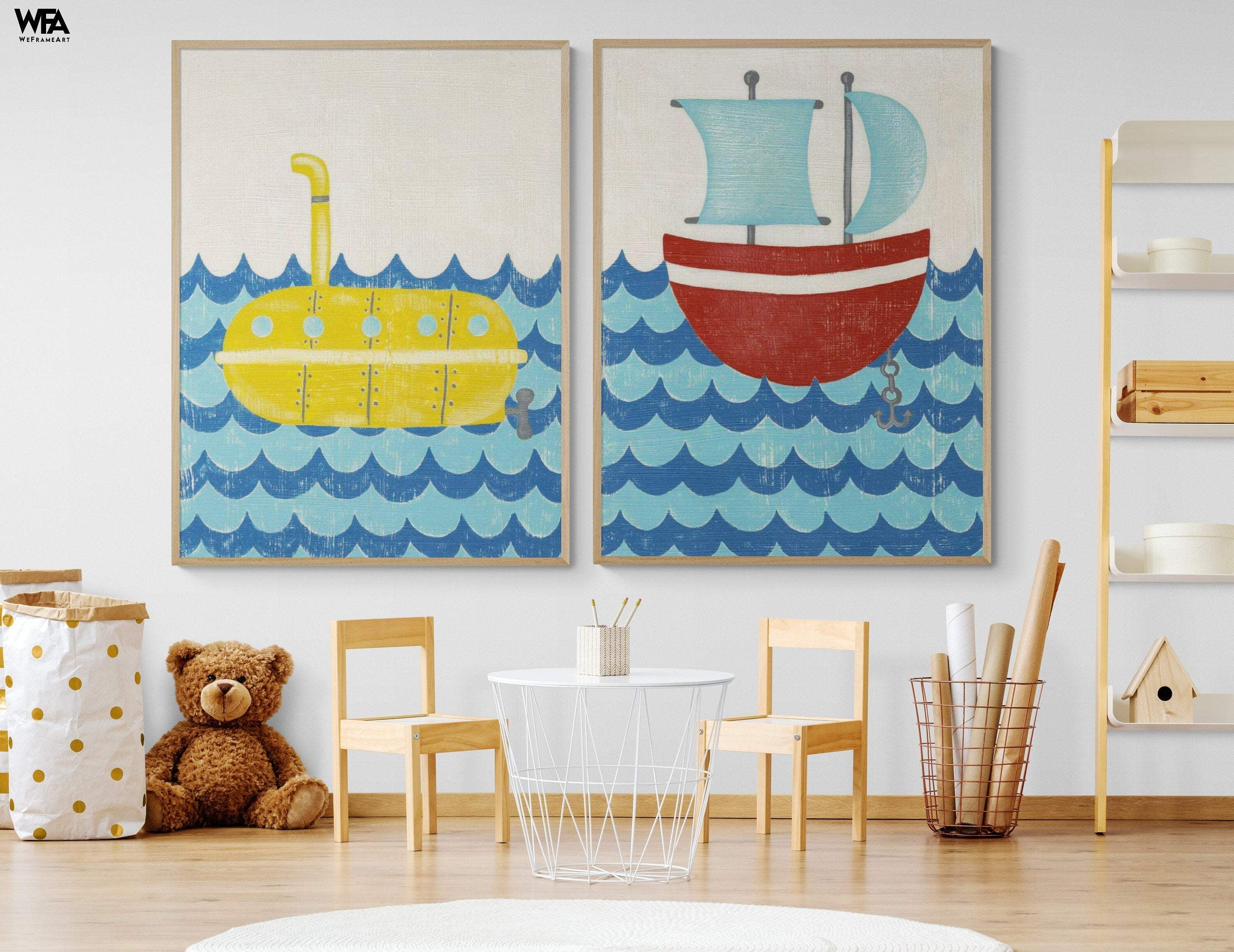 Set of 2 Nautical Kids Prints, Framed Yellow Submarine Art, Cute Red ...