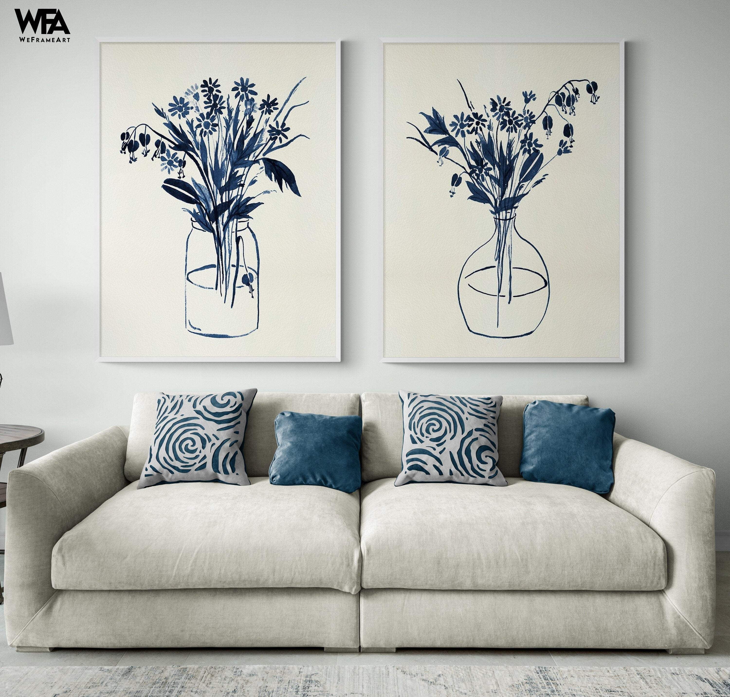 Set of 2 Navy Blue Flowers Print, Framed Dark Blue Art, Minimalist ...