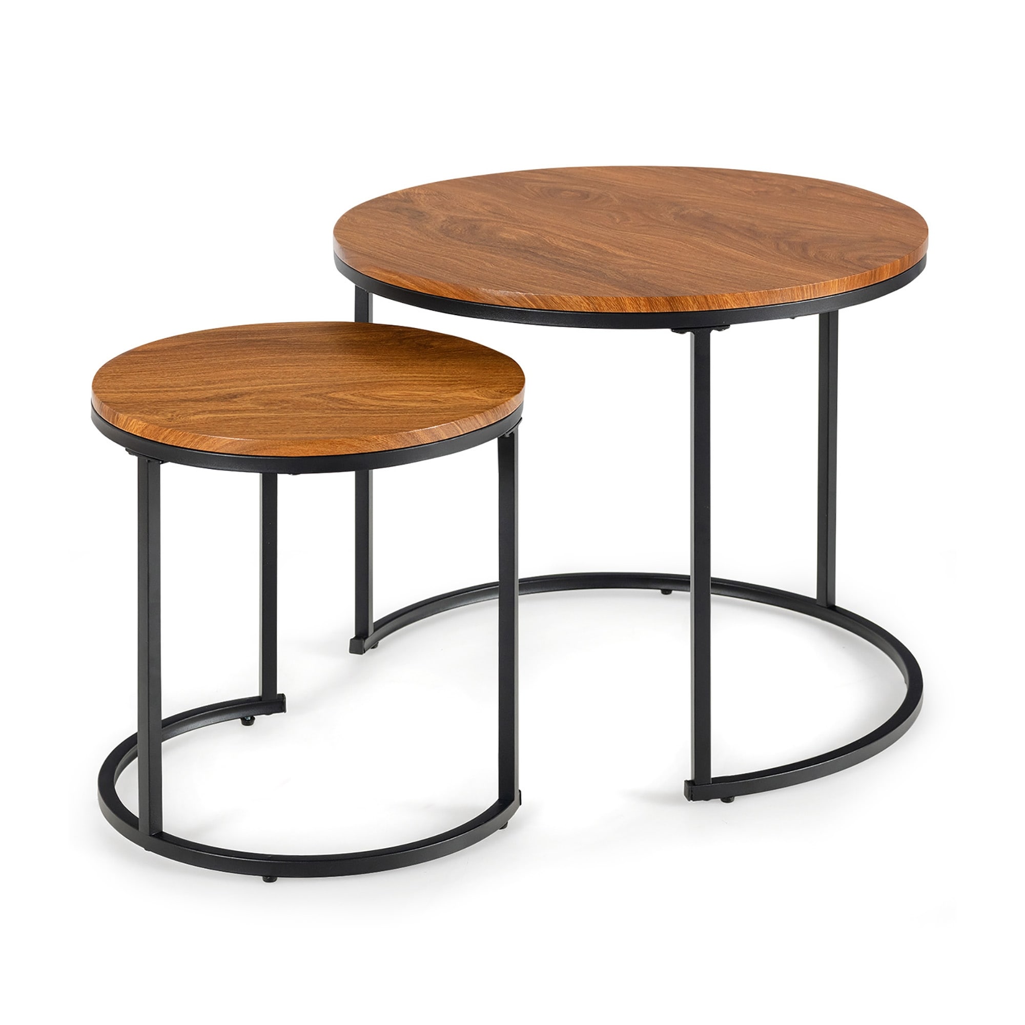 Set of 2 Nesting Coffee Table Stacking Round Side Tables Brown ...