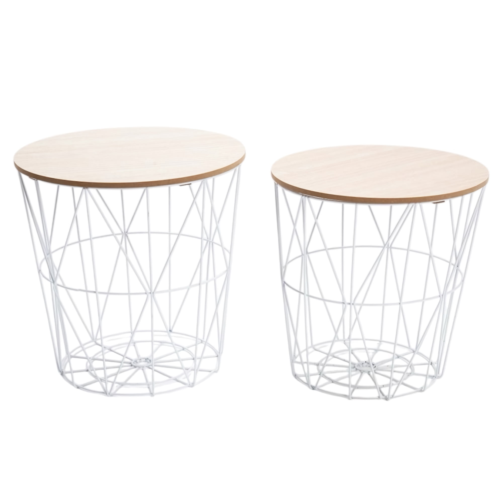 Set of 2 Nesting End Tables with Metal Storage Basket, Round Side Coffee Tables for Home, Living ...
