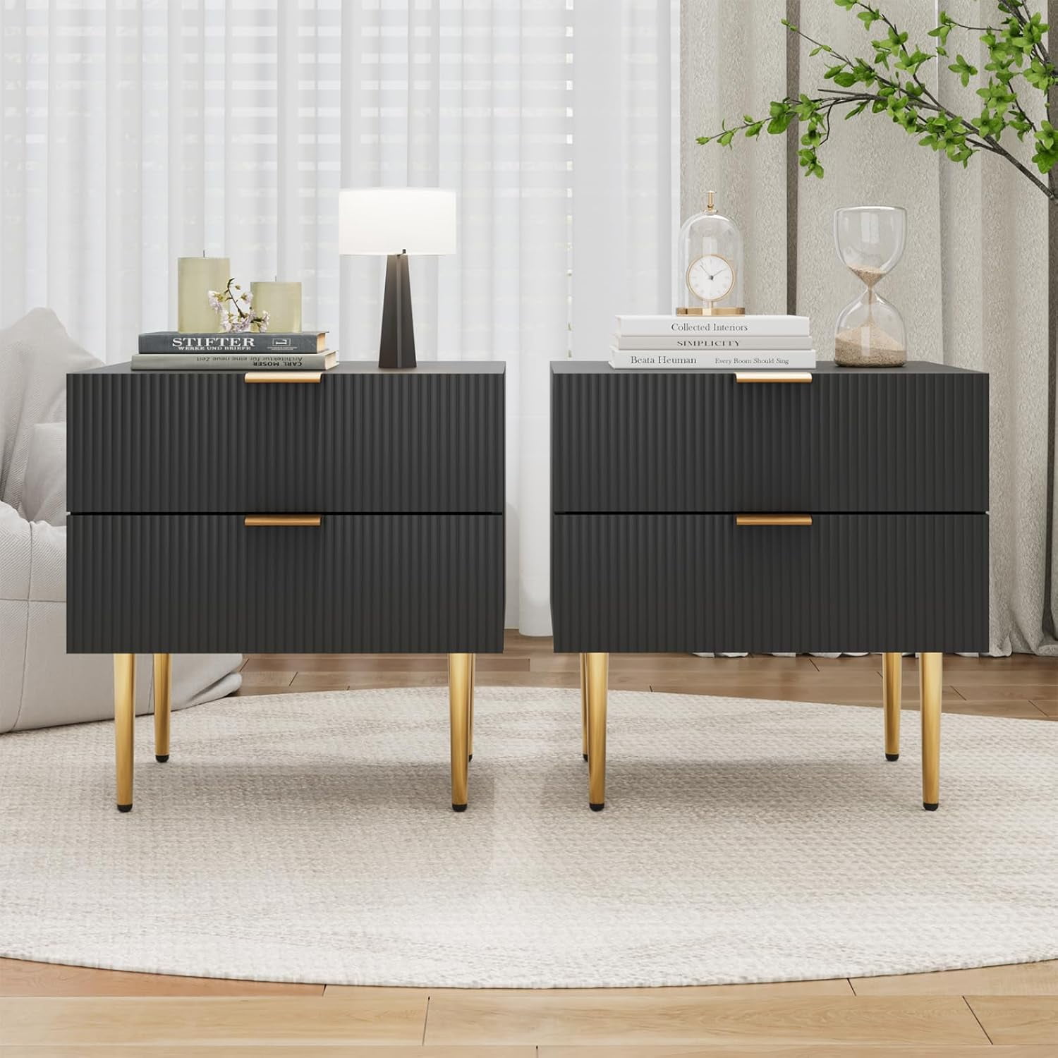 Set of 2 Nightstand, Black Mid Century Modern Night Stand with Fluted ...
