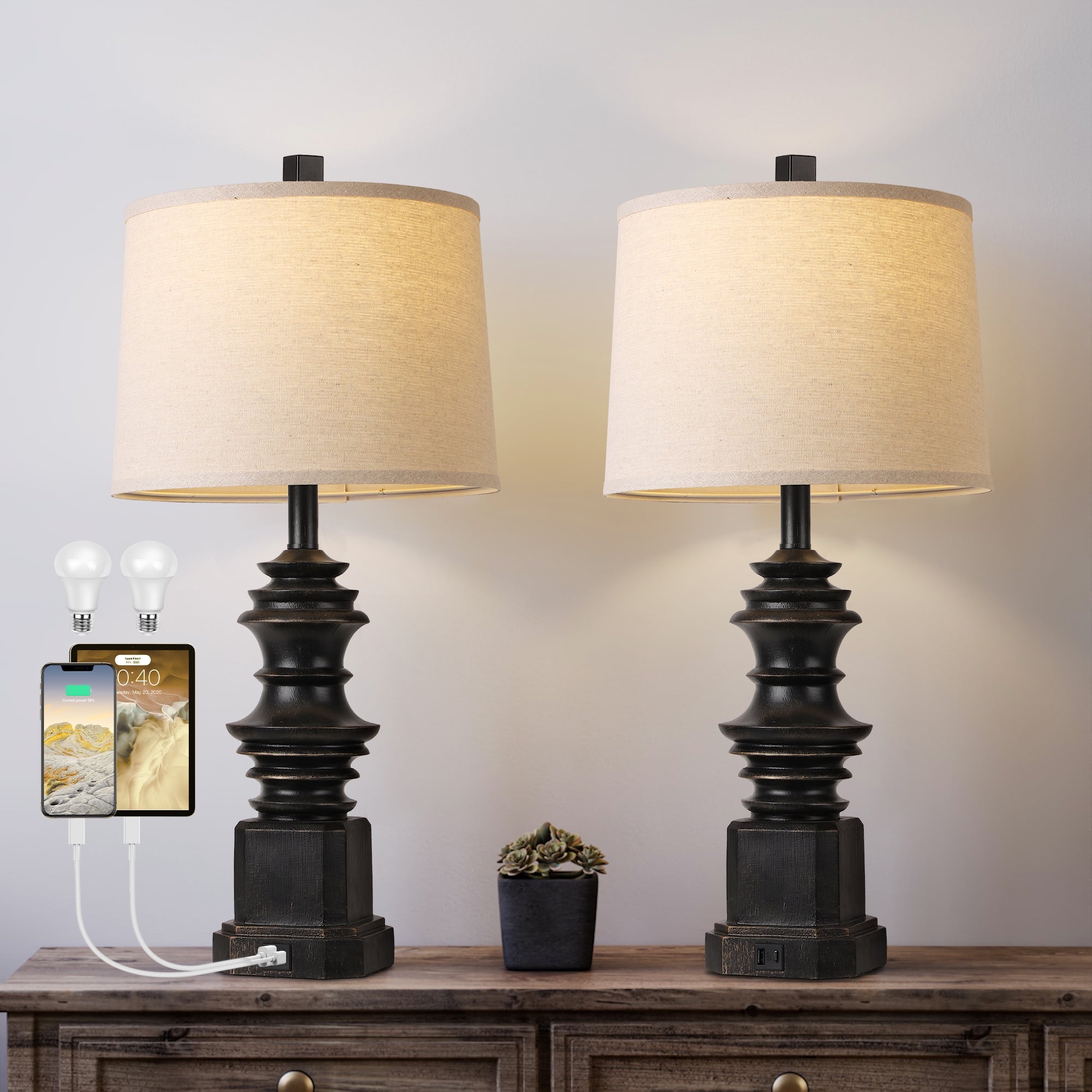 Set of 2 Nightstand Lamps with USB A+C Charging, 3 Color Modes, White ...