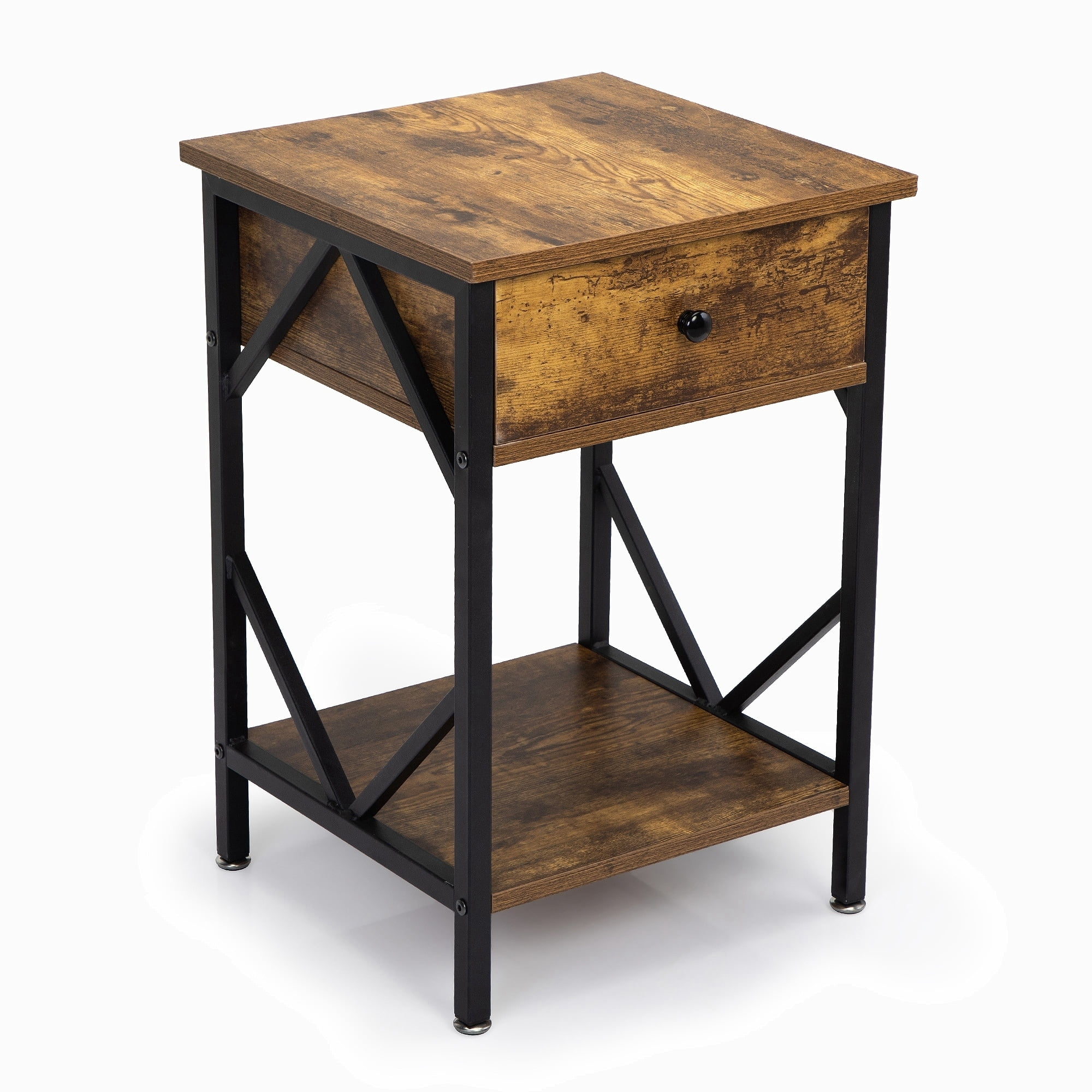 Set of 2 Nightstand with Drawer, Storage Shelf and Metal Frame ...