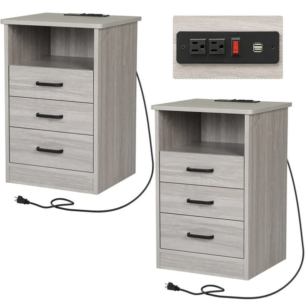 Set of 2 Nightstands with Charging Station,Grey Night Stands with ...