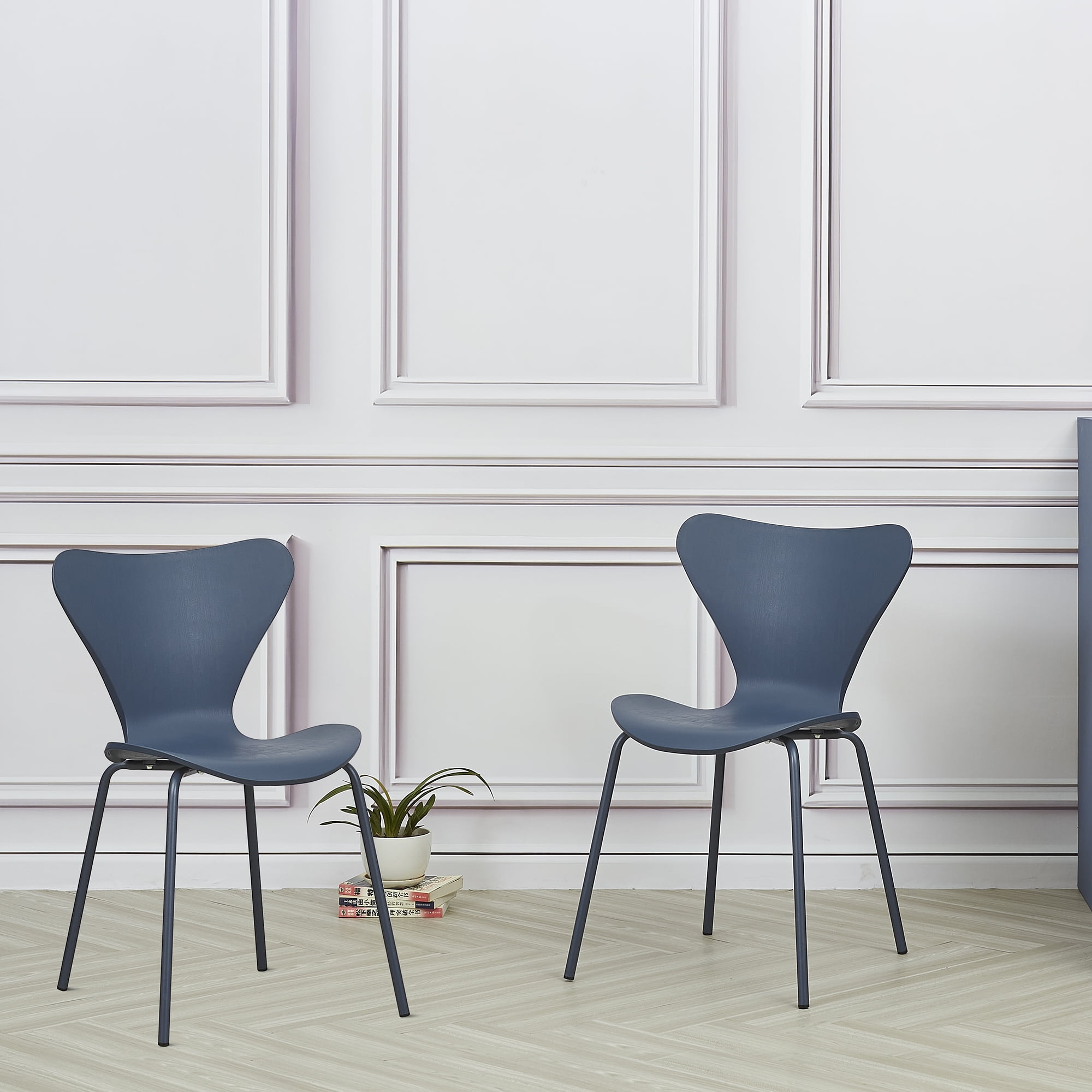 Set of 2 Nodric Navy Stackable Modern Dining Chairs, Plastic Seat with ...