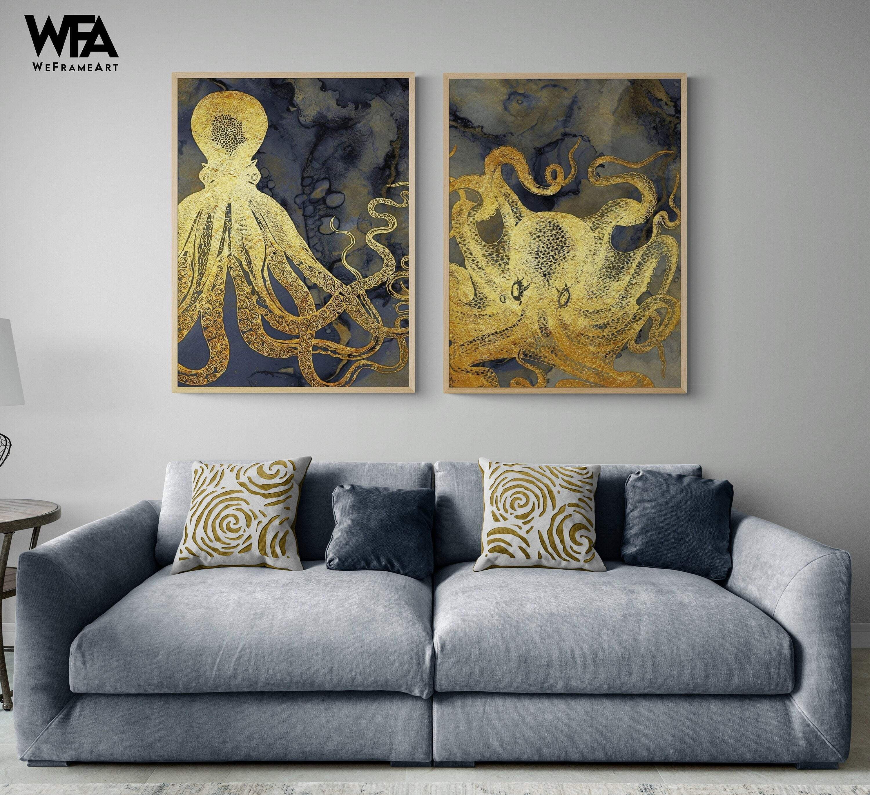 Set of 2 Octopuses Wall Art Prints, Framed Gold Octopus Wall Decor ...