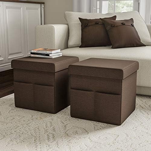 Set of 2 Ottomans with Storage Pockets - 15-Inch Folding Foot Rests or ...