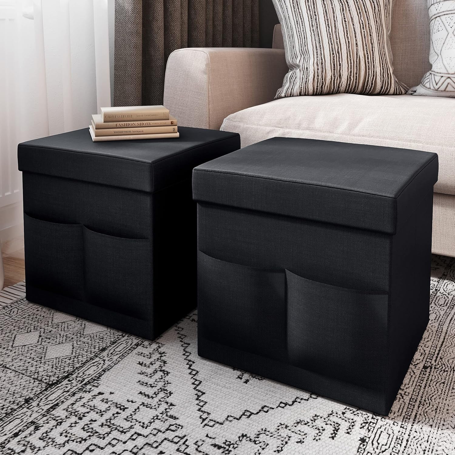 Set of 2 Ottomans with Storage Pockets - 15-Inch Folding Foot Rests or ...