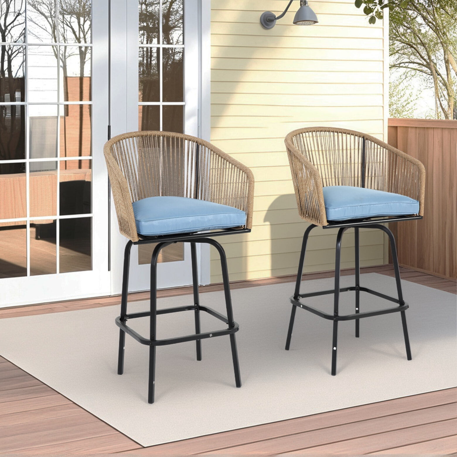 Set of 2 Outdoor Bar Stools with Backrest and Armrests, Steel Frame ...