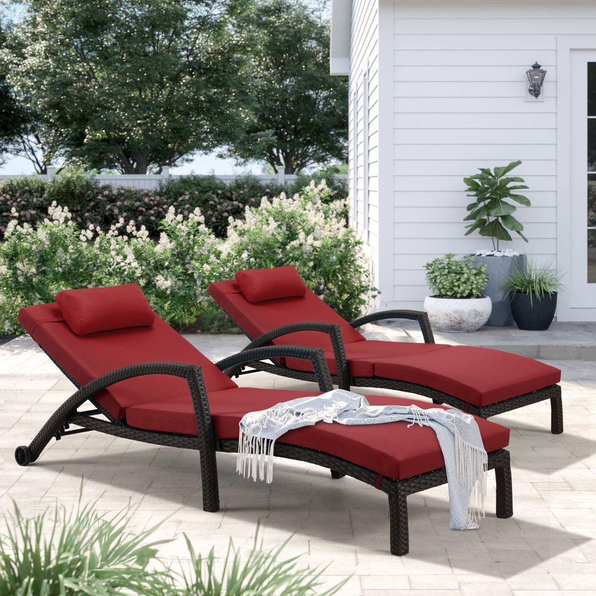 Set of 2 Outdoor Wicker Chaise Lounge Chairs with Cushions, 5-Position ...