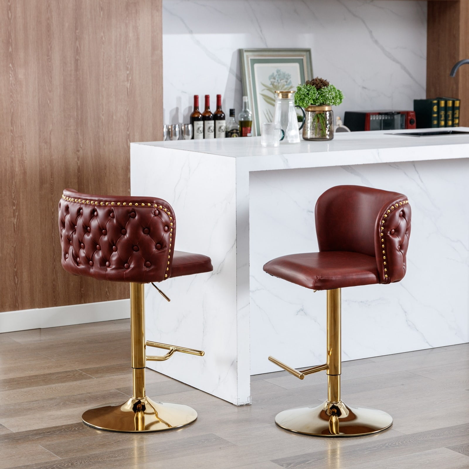 Set of 2 PU Upholstered Swivel Adjustble Bar Stools with Tufted Back ...