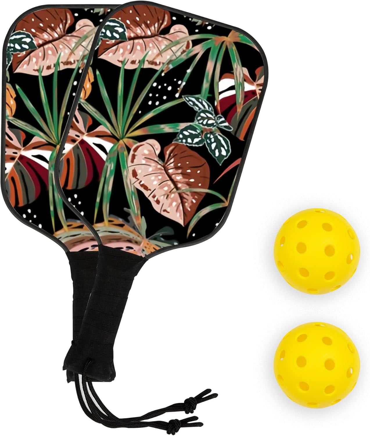 Set of 2 Pickleball Paddles with 2 Balls, Stylish Dark Forest Leaves ...