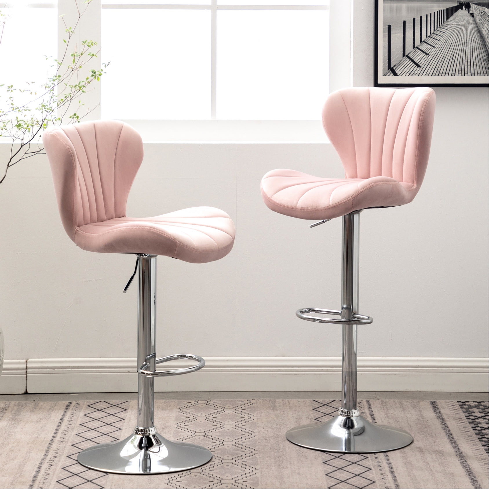 Set of 2 Pink Adjustable Swivel Bar Seats | Modern Vertical Line Design ...