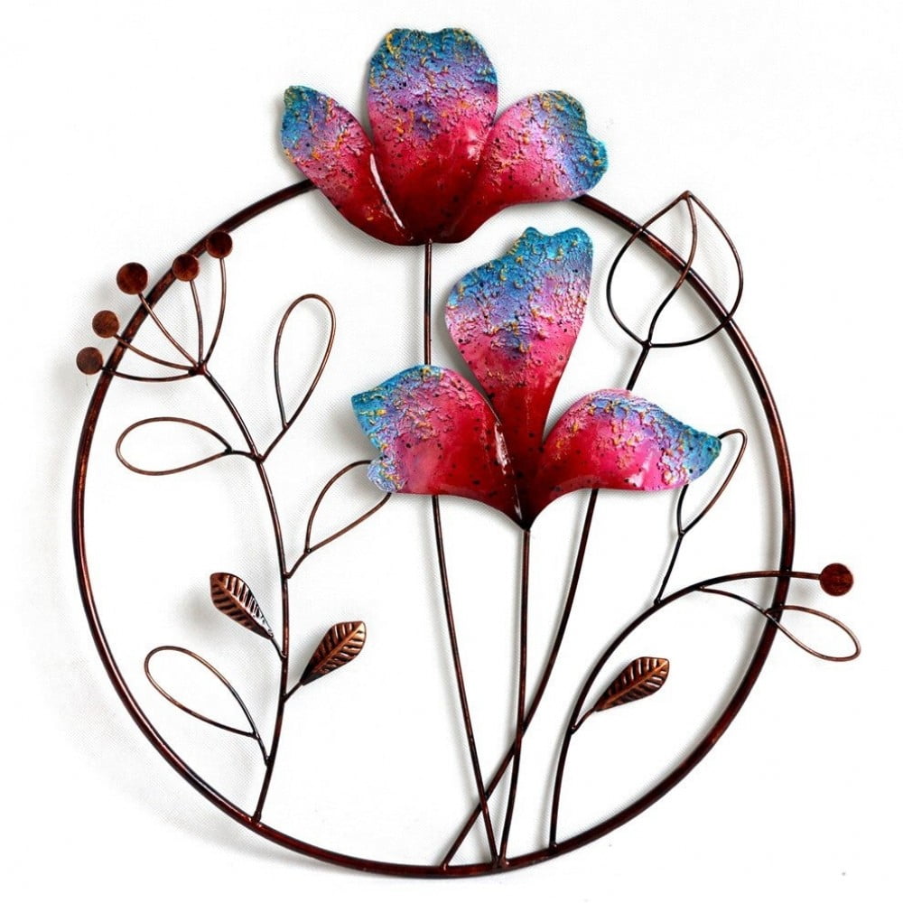 Set of 2 Pink And Blue Flowers In A Round Metal Frame Wall Decor ...