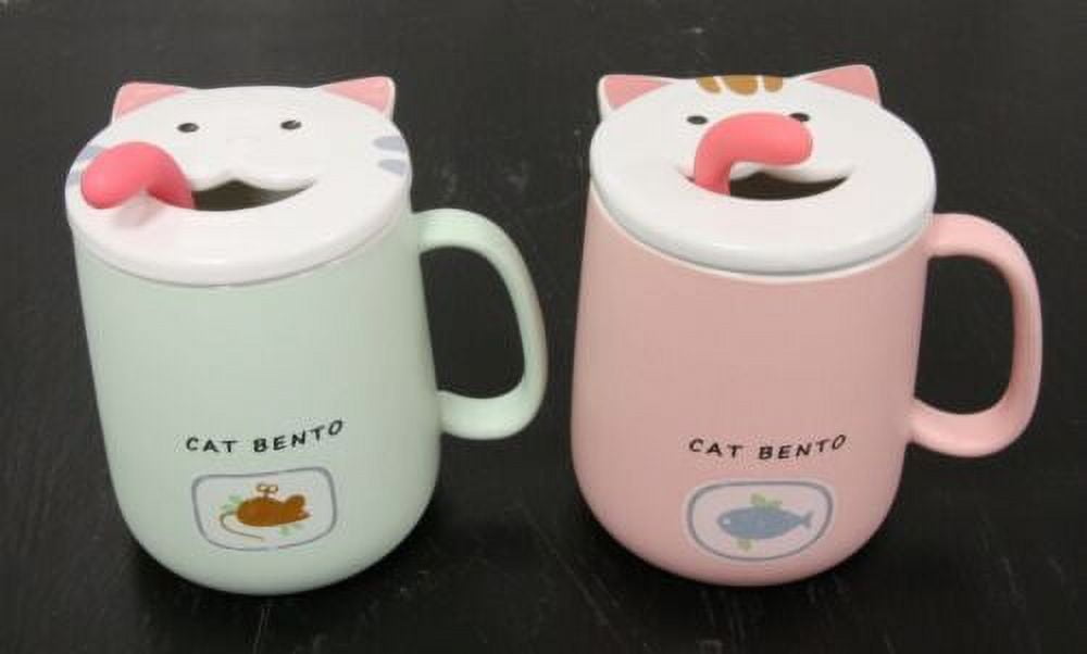 Set of 2 Pink & Green Drooling Cat Bento Porcelain Mug Cup With Spoon ...