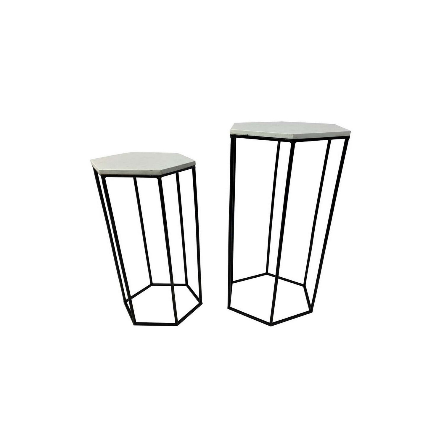 Set of 2 Plant Stand Tables Modern Hexagon Shape White Marble Top Black ...