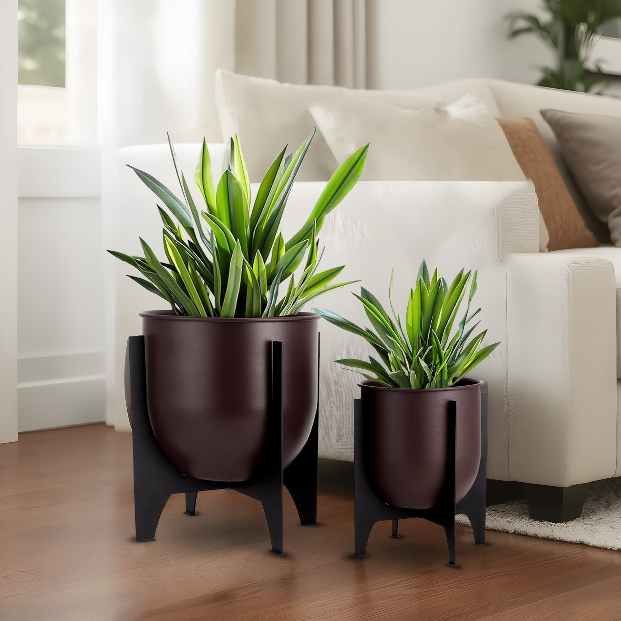 Set of 2 Planters with Stand Indoor Outdoor Metal Plant Stand Modern ...