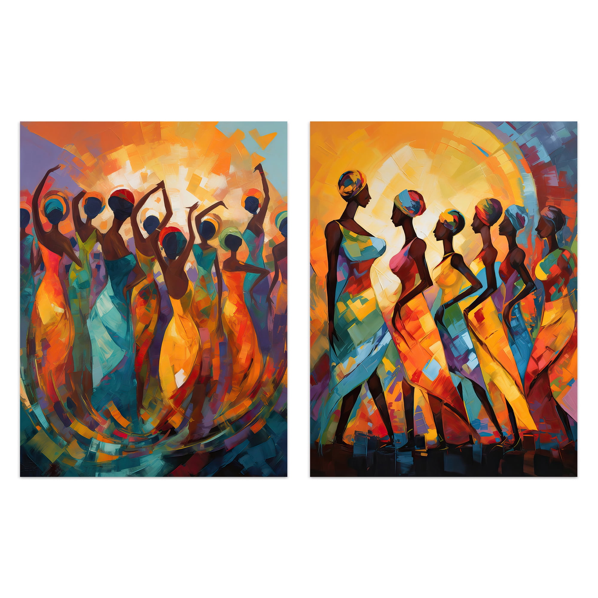Set of 2 Prints Modern African Dance Bright Vibrant Colourful Sun Beams ...