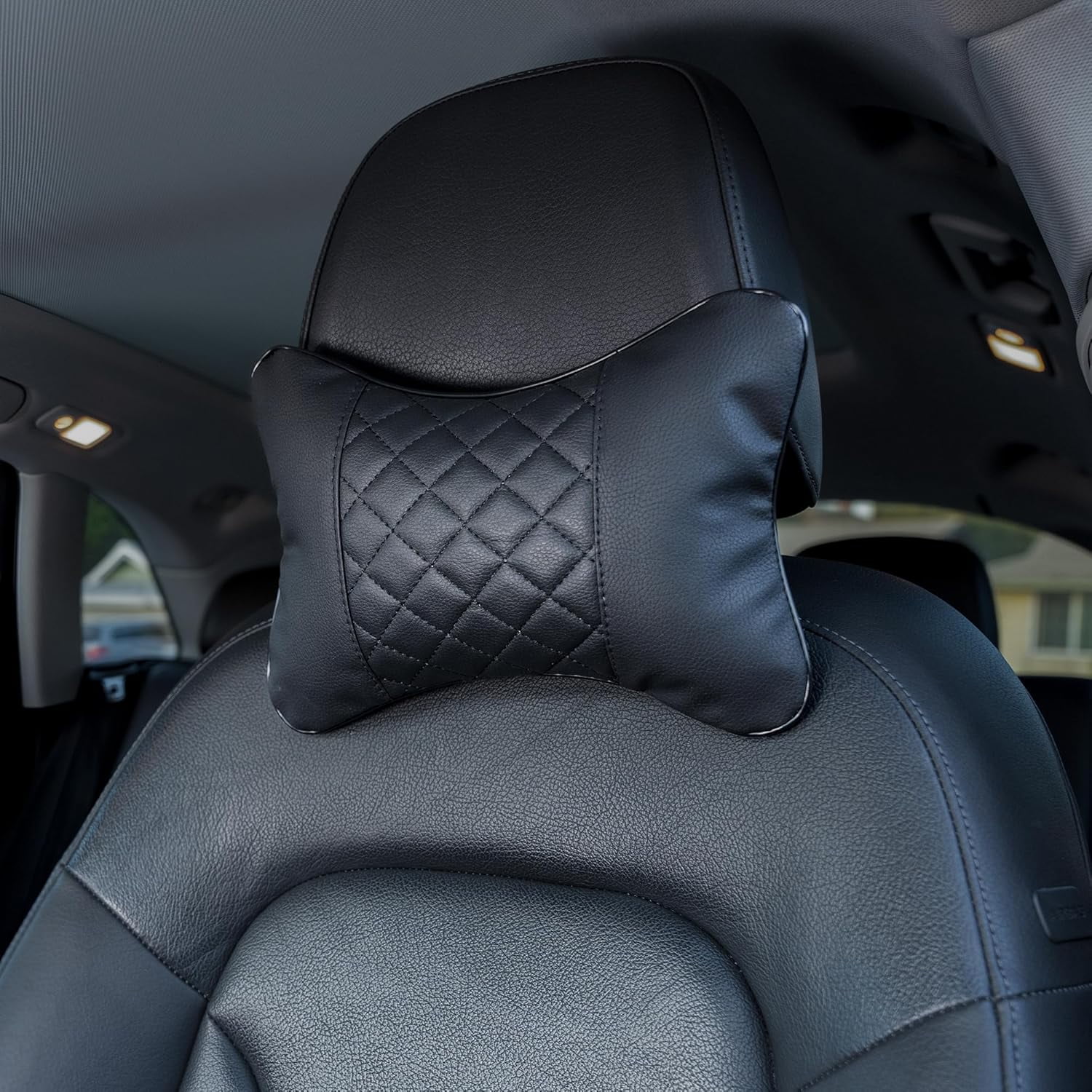 Set of 2 Quilted Faux Leather Car Headrest Pillow, Black Case/Black ...