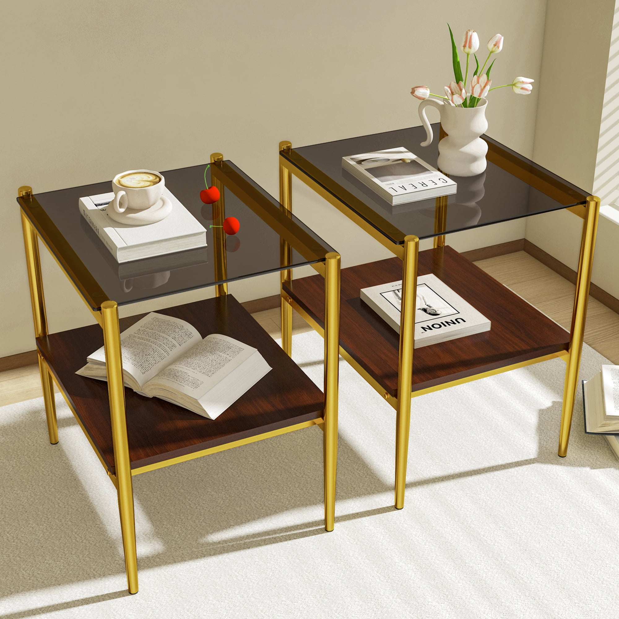 Set of 2 Rectangle End Table, Tempered Glass Tabletop with MDF layer ...