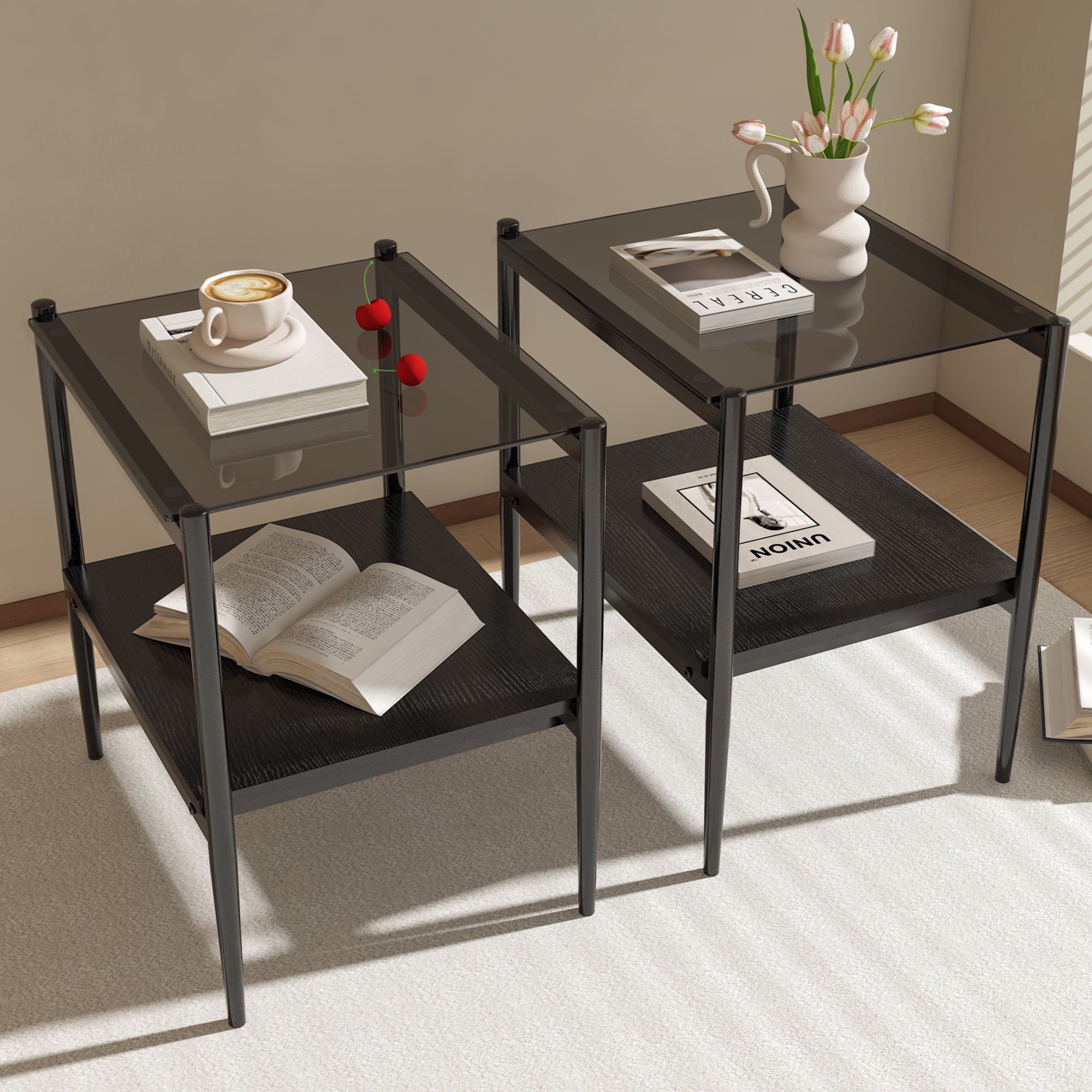 Set of 2 Rectangle End Table, Tempered Glass Tabletop with MDF layer ...
