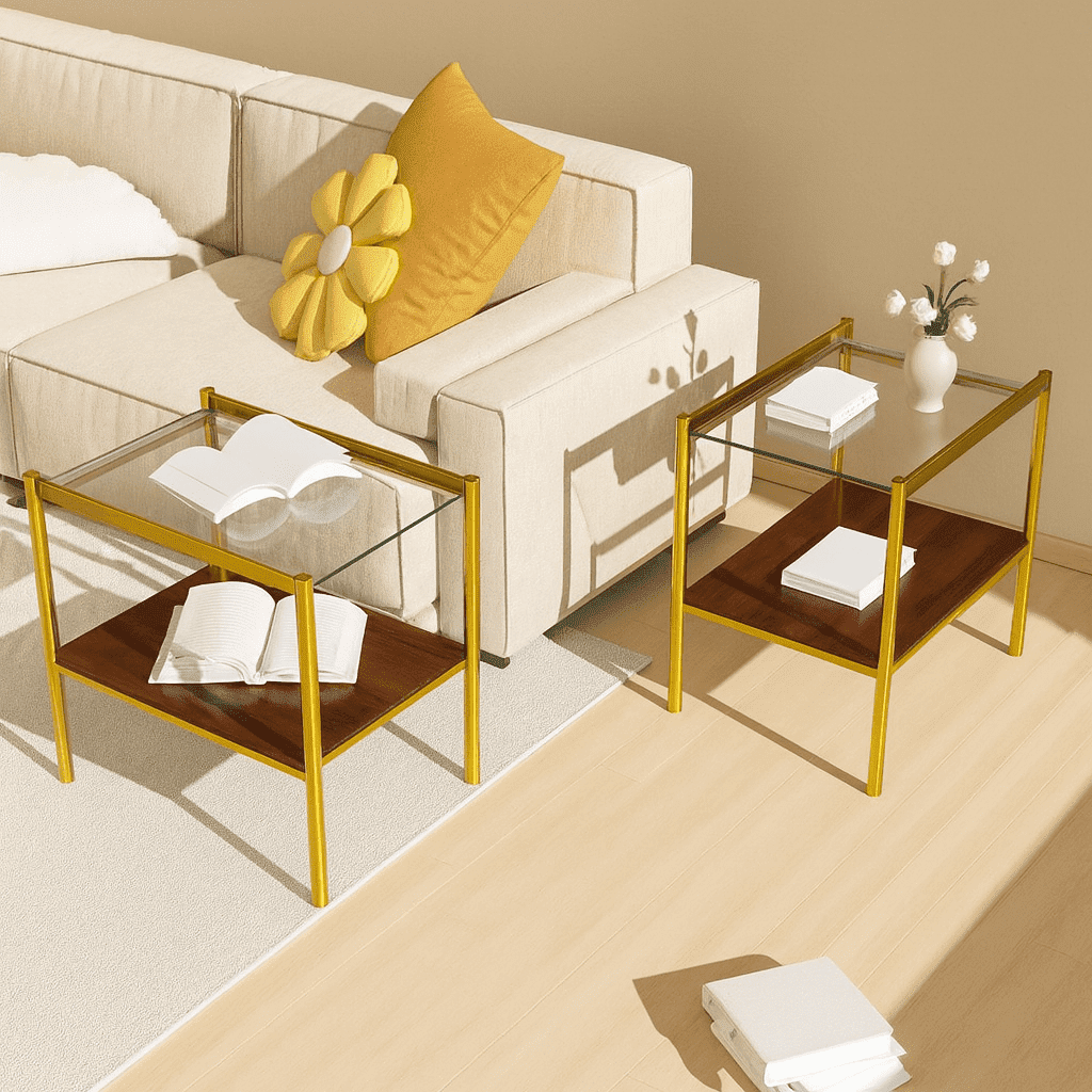 Set of 2 Rectangle End Table, Tempered Glass Tabletop with MDF layer ...