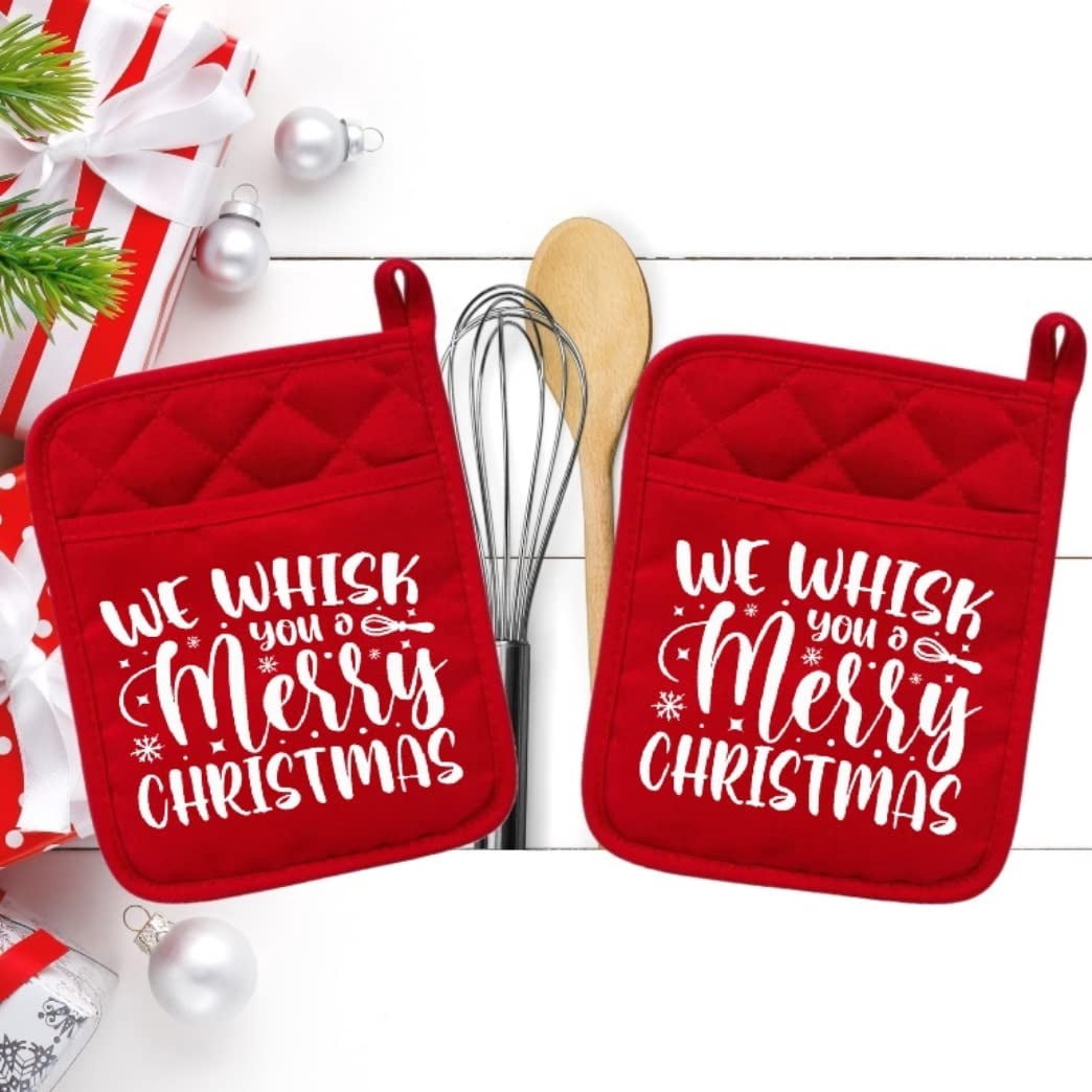 Set of 2 Red - We Whisk You A Merry Christmas - Pot Holder - Oven Mitt ...