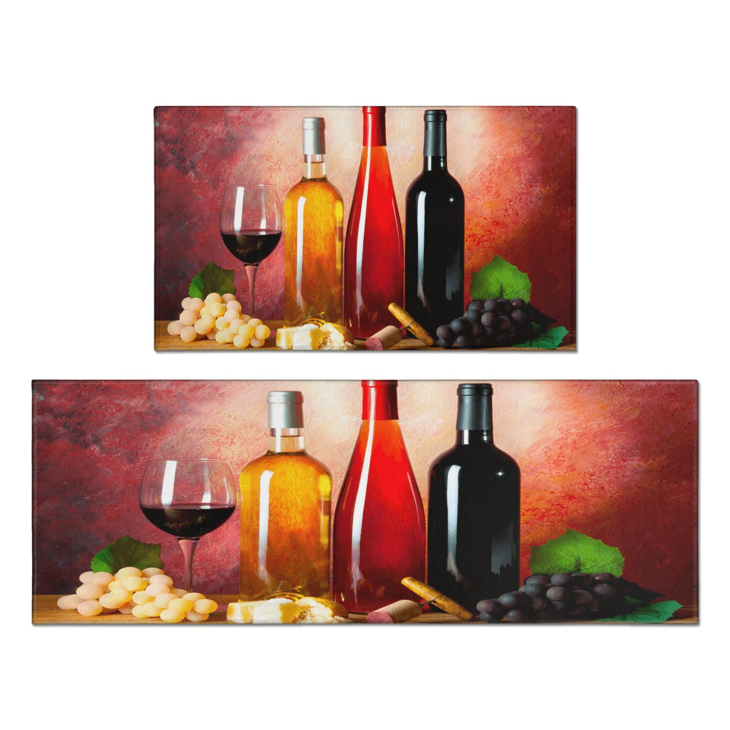 Set of 2 Red Wine Kitchen Rugs, Non-Skid, Washable, Grapes & Wine ...
