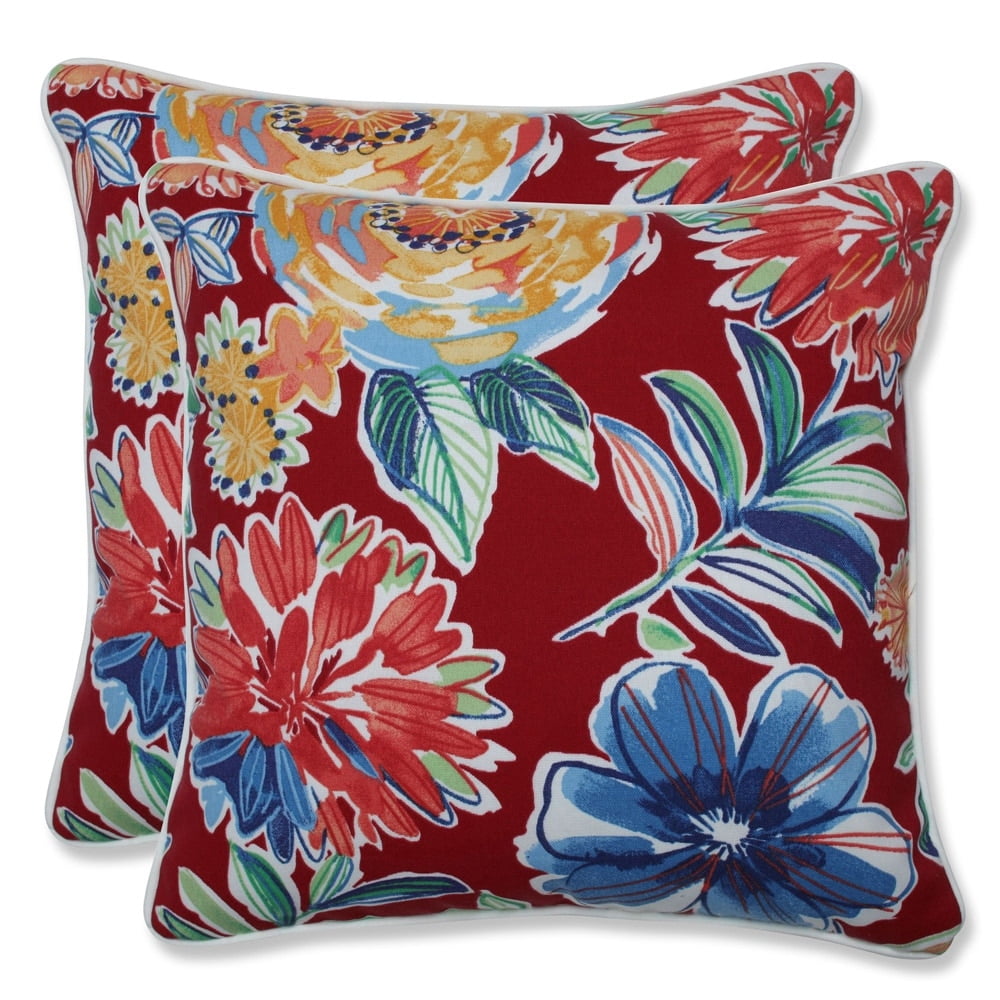 Set of 2 Red and Blue Floral Outdoor Patio Corded Throw Pillows 16.5 ...