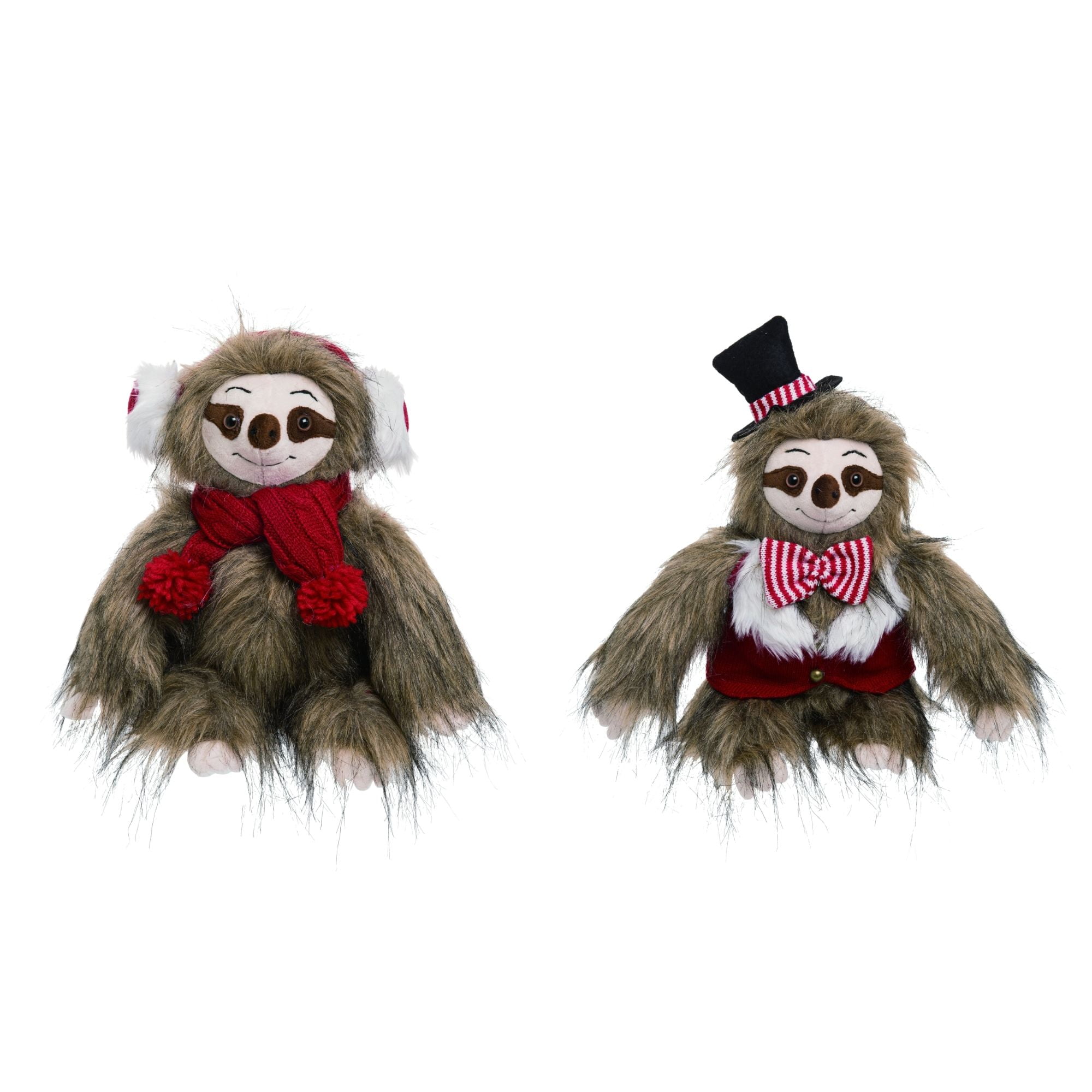 Set of 2 Red and Brown Sitting Plush Sloth Christmas Figurines 13 ...