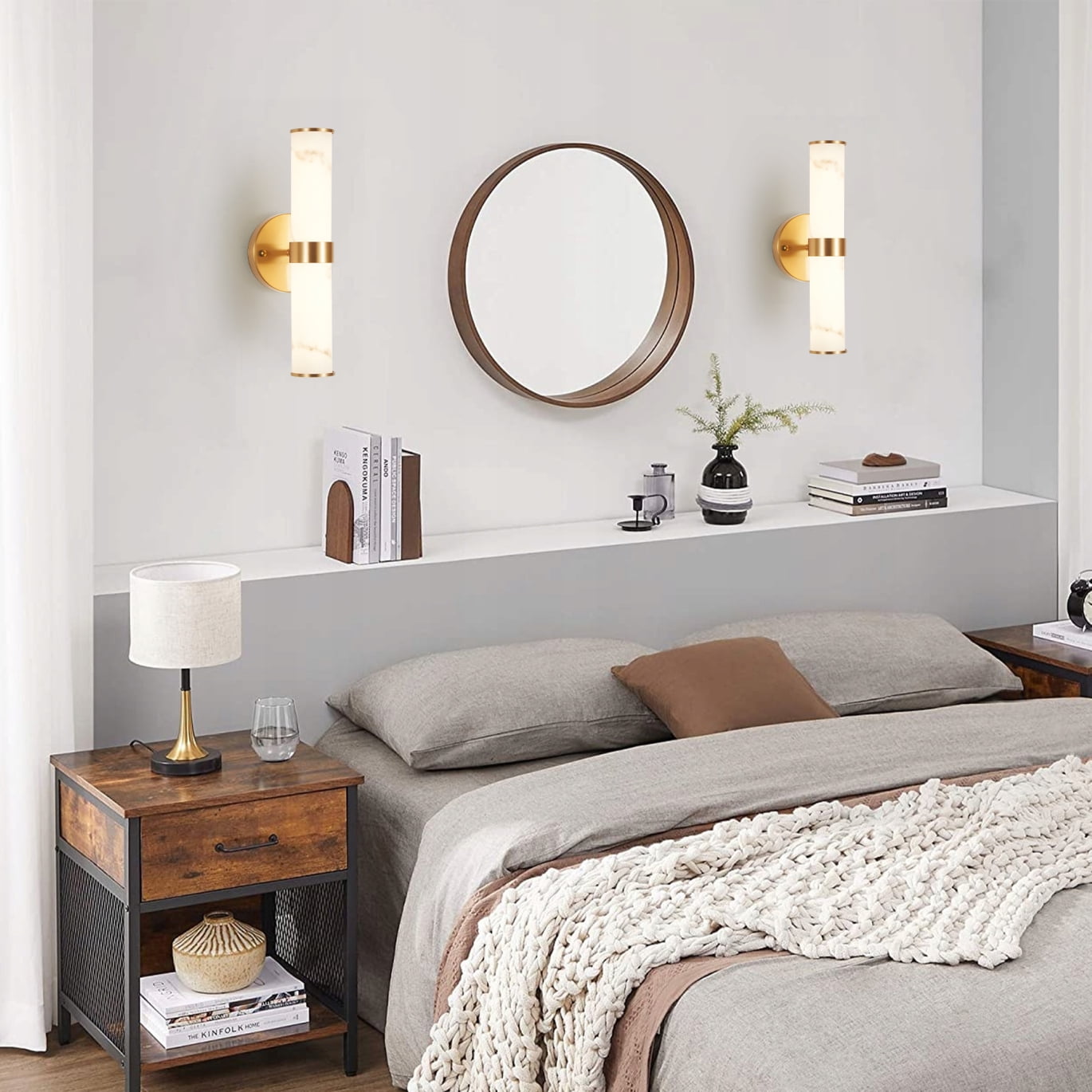 Set of 2 Resin Imitation Marble and Chrome Wall Sconce, Modern Vertical ...