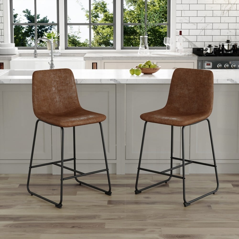 Set of 2 Retro Brown Suede Bar Chairs - Industrial Style with Iron Legs ...