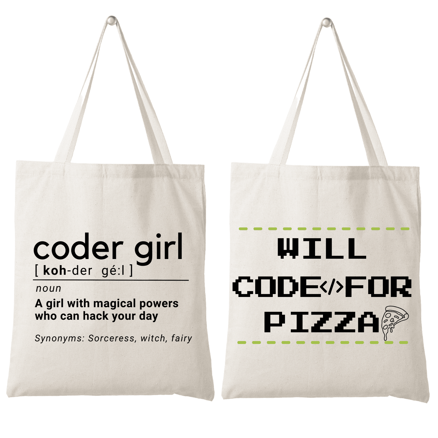 Set of 2 Reusable 100% Cotton Organic Reusable Canvas Shoppers bags - Coder Girl & Pizza ...