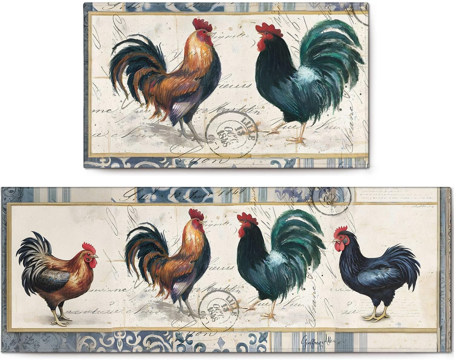 Set of 2 Rooster Kitchen Rugs Non Skid, Washable Chicken Rugs for ...
