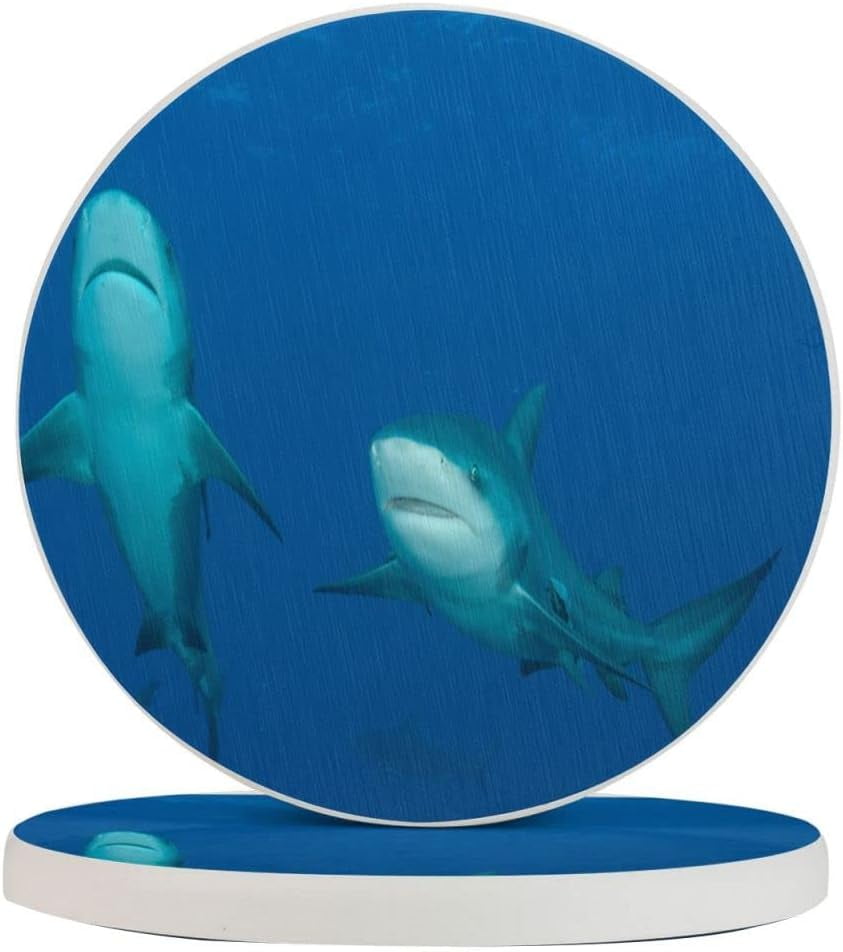 Set of 2 Round Coasters Ocean-Wave-Shark for Drinks 4 Inch Ceramic Cups ...