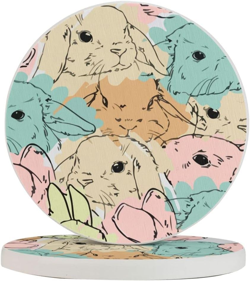Set of 2 Round Coasters Rabbit-Hare-Cute-Bunny for Drinks 4 Inch ...