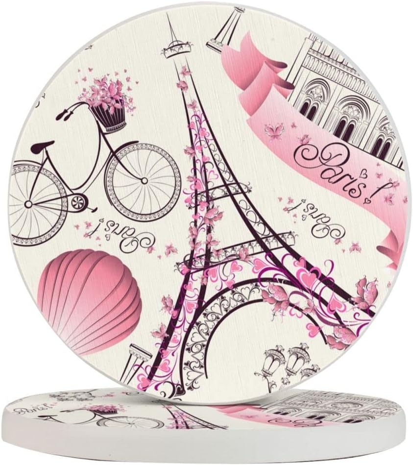 Set of 2 Round Coasters Romantic-Paris-Eiffel-Tower for Drinks 4 Inch ...