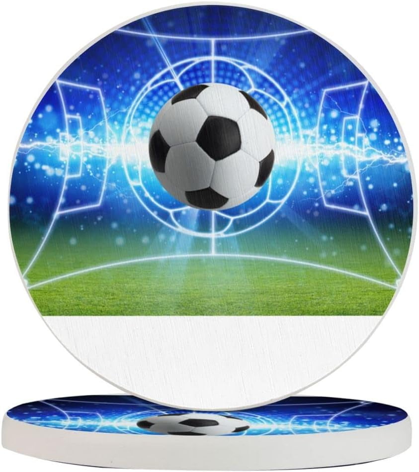 Set of 2 Round Coasters Soccer-Ball-Glitter-Football-Field for Drinks 4 ...