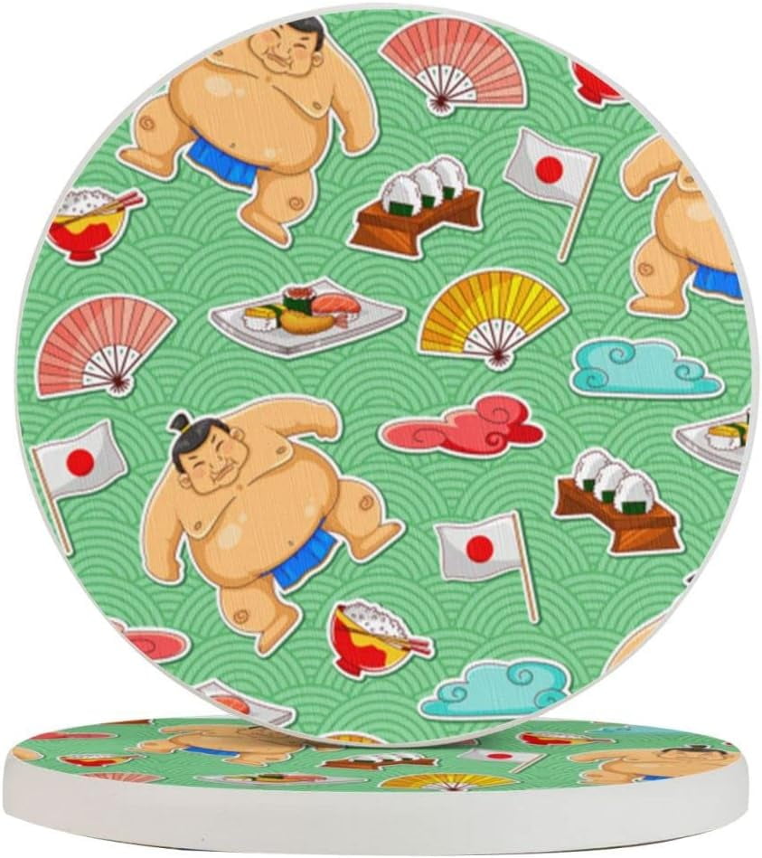 Set of 2 Round Coasters Sumo-Japanese-Sushi for Drinks 4 Inch Ceramic ...