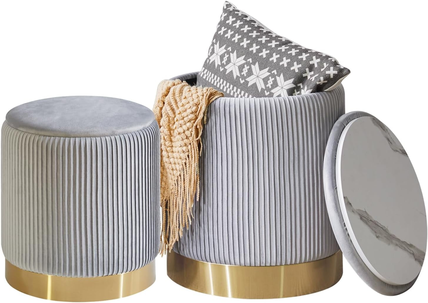 Set of 2 Round Ottoman with Storage & Metal Ring Decoration, Modern ...