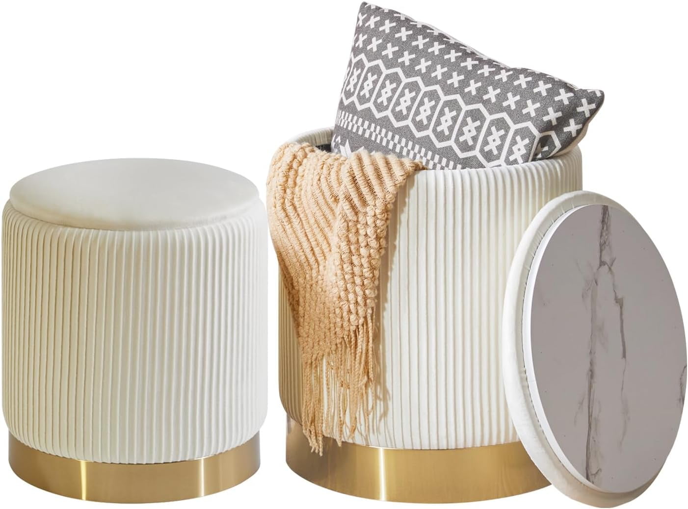 Set of 2 Round Ottoman with Storage & Metal Ring Decoration, Modern ...