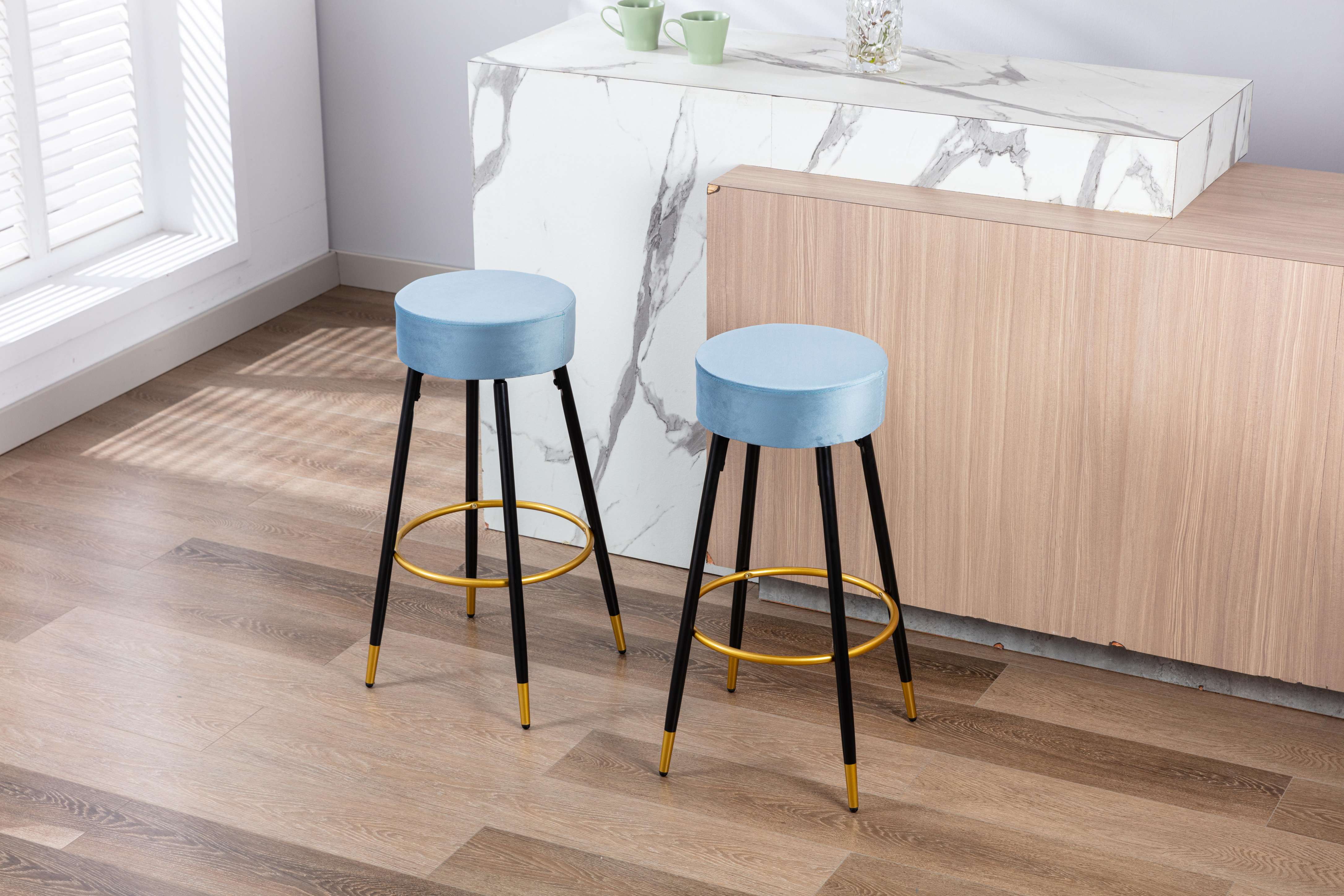 Set of 2 Round Velvet Stools Upholstered, 24 Inches Height Stools with ...