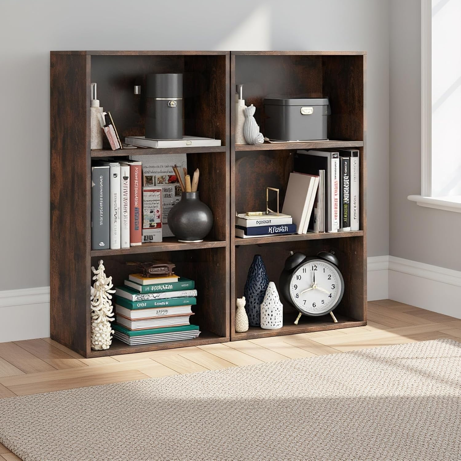 Set of 2 Rustic Brown 3-Tier Bookcases, Small Open Bookshelf with ...