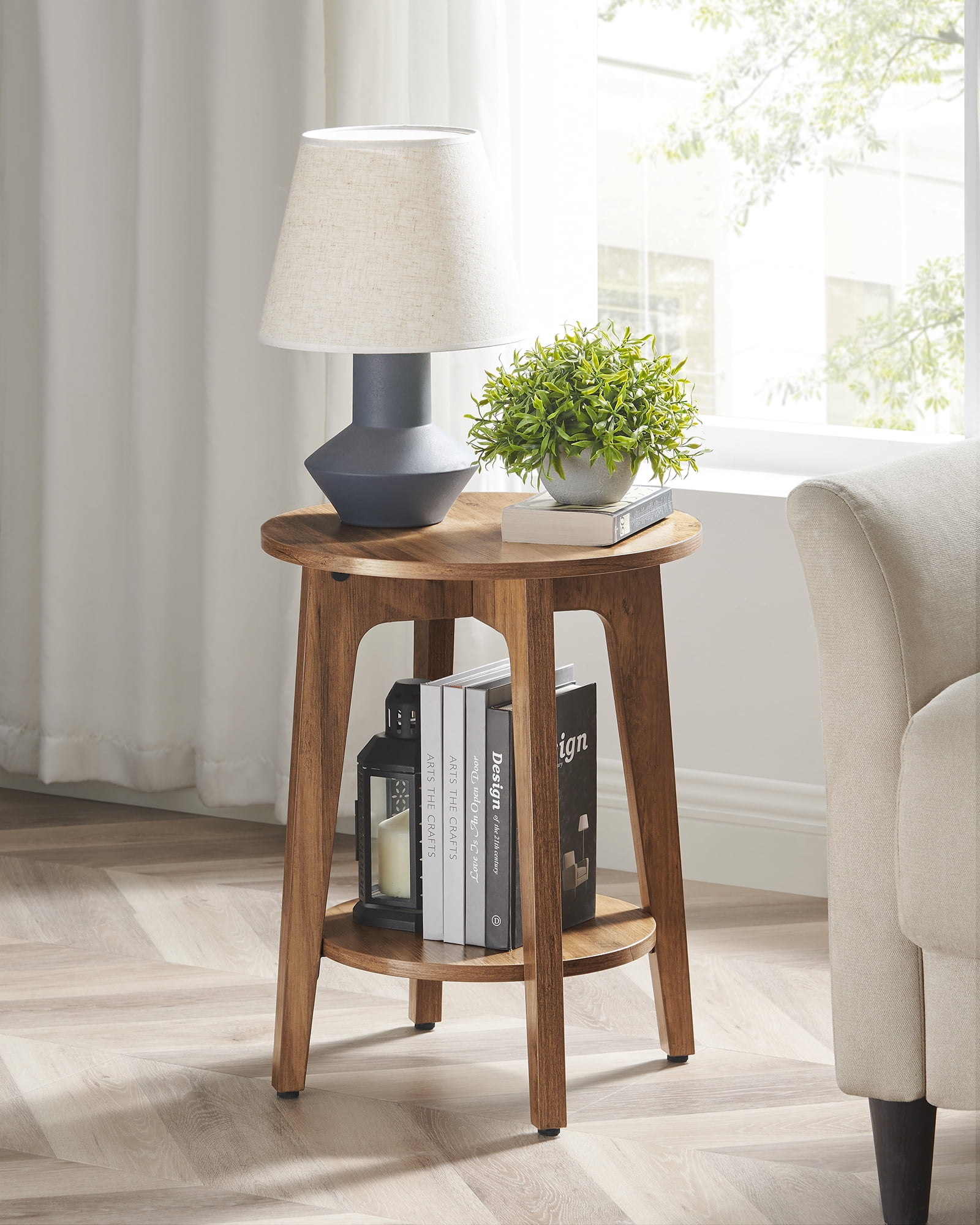 Set of 2 Rustic Walnut Small Round Side Tables. Each features a lower ...